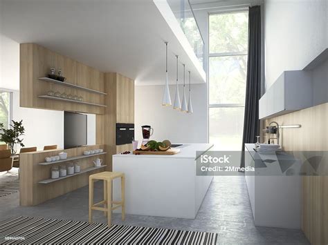 로프트 아파트의 주방과 거실 3d 렌더링 0명에 대한 스톡 사진 및 기타 이미지 0명 가구 가정의 방 Istock