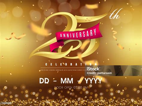 골드 바탕에 25 년 기념일 로고 템플릿입니다 레드 리본 25 축 하 하는 황금 번호 벡터 및 색종이 절연 디자인 요소 광고에