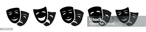 코미디와 비극 극장 마스크 세트 가장형 벡터 아이콘입니다 행복하고 슬픈 마스크 드라마와 코미디 상징 벡터 일러스트 레이 션