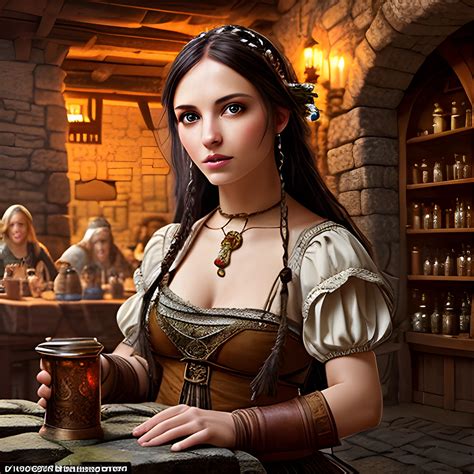 Beautiful Woman In A Fantasy Tavern On A Cobblestone Street In The