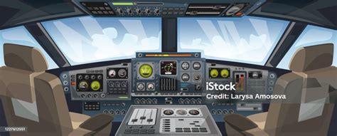 윈도우 뷰에 제어판 버튼과 하늘 배경 비행기 조종석보기 비행기 조종사는 대시 보드 제어 및 게임 디자인을위한 조종사 의자를 갖춘 오두막 Ui Ux Gui 디자인을위한 비행기