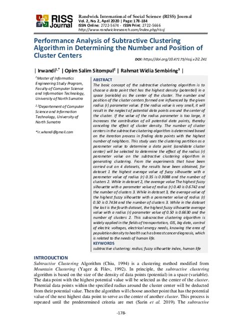 Pdf Performance Analysis Of Subtractive Clustering Algorithm In Determining The Number And