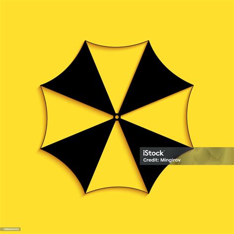 노란색 배경에 고립 된 검은 태양 보호 우산 포 해변 아이콘 야외 공간을위한 큰 파라솔 여름 방학 또는 피크닉 액세서리 긴