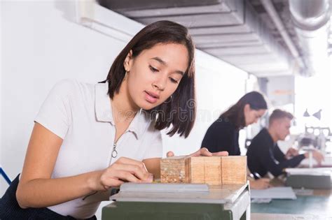 Female Student Engaged In Architectural Modeling Stock Image Image Of
