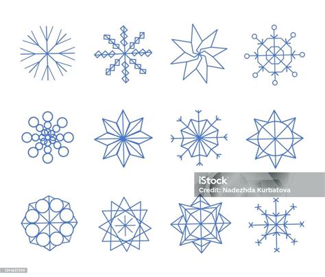 눈송이 로고 세트 기하학적 추상 장식 얼음의 원형 파란색 기호 또는 둥근 얼어 붙은 꽃과 눈 별 서리 장식 요소 크리스마스 플레이크 벡터 고립 된 아이콘 눈송이에 대한 스톡