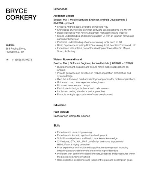 Software Engineer Android Resume Samples Velvet Jobs