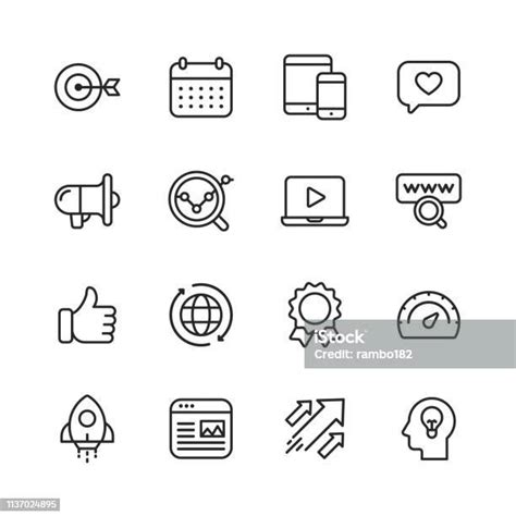 마케팅 라인 아이콘입니다 편집 가능한 스트로크 완벽 한 픽셀 모바일 및 웹에 적합 합니다 타겟 성장 브레인 스토밍 광고 소셜 미디어와 같은 아이콘이 포함 되어 있습니다