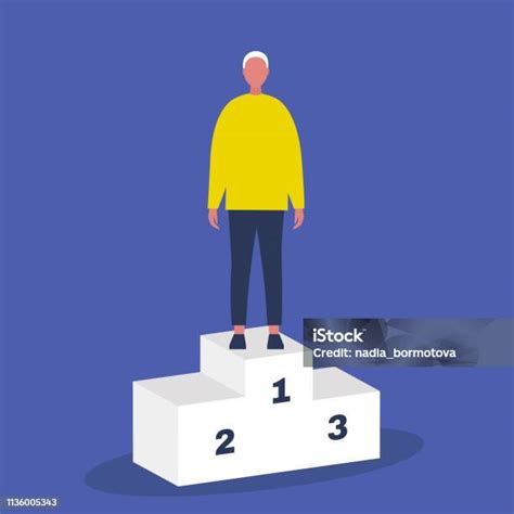 승리의 개념적 그림입니다 받침대에 서 있는 젊은 남성 캐릭터 평면 편집 가능한 클립 아트 일러스트 1위에 대한 스톡 벡터 아트 및 기타 이미지 Istock