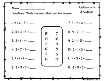 Addition With 3 Addends Task Cards By Samantha White TpT