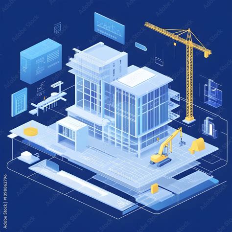 Digital Construction Building Information Modeling Bim Concept With 3d Model And Blueprints