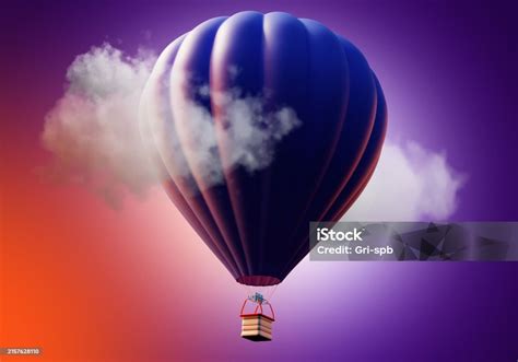 체적 구름의 열기구 미래에 대한 꿈에 대한 은유 화려한 배경에 뜨거운 공기 풍선입니다 바구니 풍선 만화 스타일입니다 하늘을 날고 있습니다 3d 렌더링 공휴일에 대한 스톡