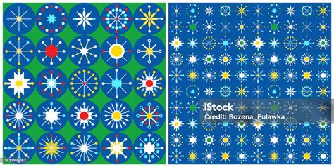 눈송이와 크리스마스 원활한 패턴 세트 파란색 흰색 녹색의 벡터 휴일 겨울 일러스트레이션 빨간색과 노란색 직물 인사말 카드 장식 배너 전단지 포스터 직물을위한 스칸디나비아 평