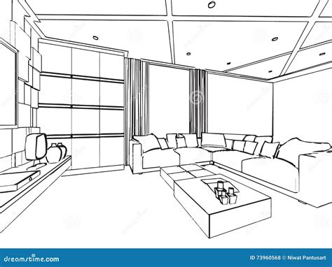 Outline Sketch Drawing Interior Perspective Of House Stock Vector