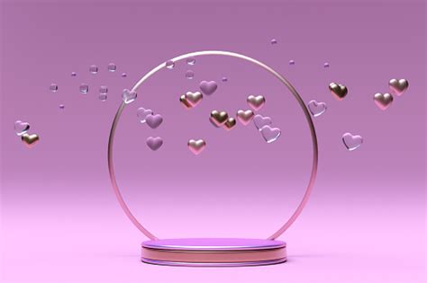 3d 세인트 발렌타인 데이 핑크 라운드 연단 비행 황금 하트와 받침대 판매 프로모션을위한 낭만적 인 사랑 배경 템플릿 0명에