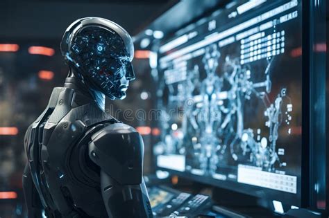 Humanoid Robot Standing Monitoring Data On A Screen Stock Illustration