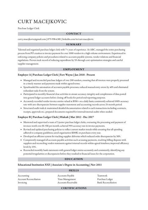 Purchase Ledger Clerk Resume CV Example And Writing Guide
