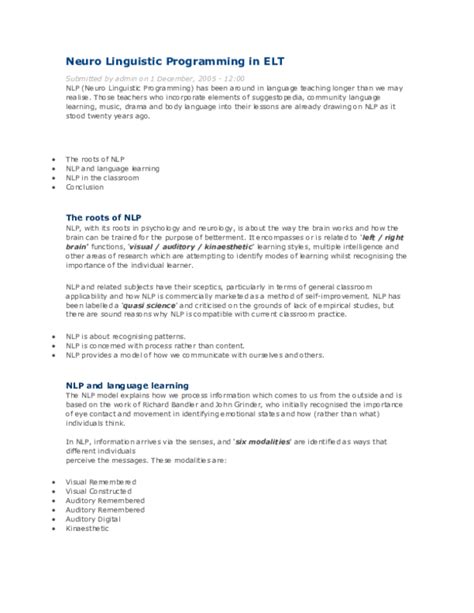 Pdf Neuro Linguistic Programming In Elt