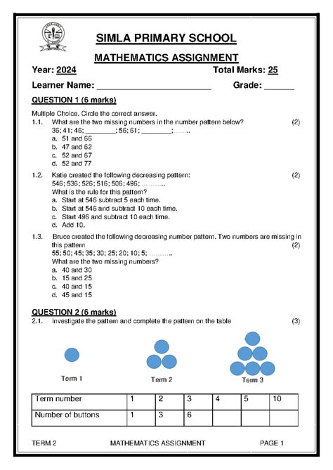 Math Assignment Term 2 Term 2 Mathematics Assignment Page 1 Term 1 Term 2 Term 3 Simla Primary