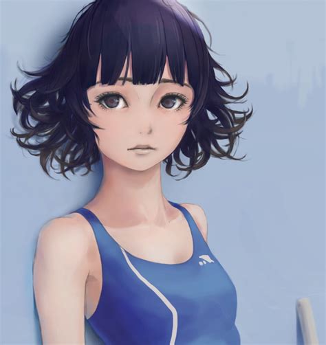 Safebooru 1girl Against Wall Bangs Black Hair Blue Swimsuit Blunt