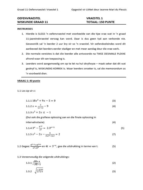 Wiskunde 1 Gr 11 Vraestel Pdf