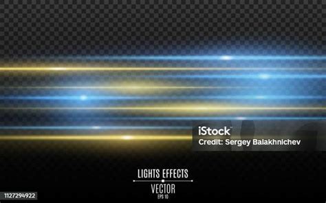 빛 효과입니다 빛의 노란색 파란색 레이저 광선을 추상화 합니다 빛 혼란 네온 광선 투명 한 어두운 배경에 고립 벡터