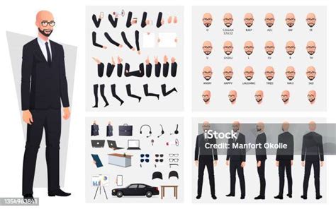 손 짓 감정 입 애니메이션 프리미엄 벡터와 함께 정장과 안경 캐릭터 제작 세트를 착용하는 대머리 남자 남자에 대한 스톡 벡터