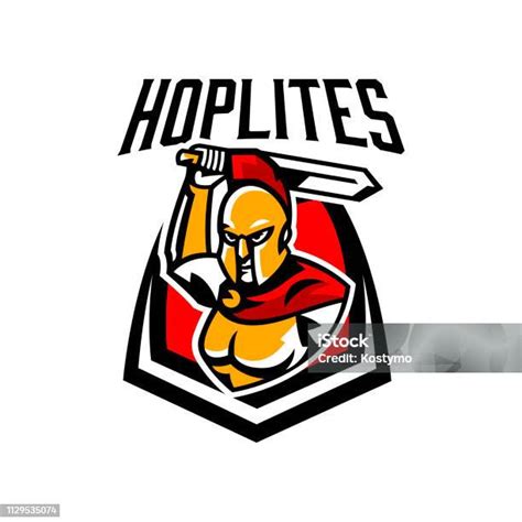 엠 블 럼 로고 배지 칼으로 스파르타 고 대 그리스 전사 황금 갑옷 Hoplite 코 린 트 헬멧 군인 방패 벡터 일러스트 레이 션 강철에 대한 스톡 벡터 아트 및 기타