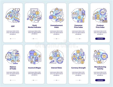 Economic Indicators And Examples Onboarding Mobile App Screens Set Stock Vector Illustration