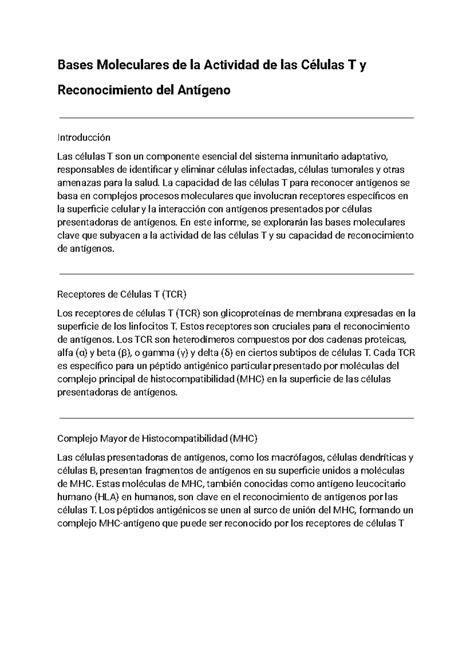 Bases Moleculares de la Actividad de las Células T y Reconocimiento del Antígeno Bases