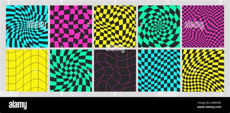 Square Psychedelic Checkerboard Acid Backgrounds With Warped Swirl Grid