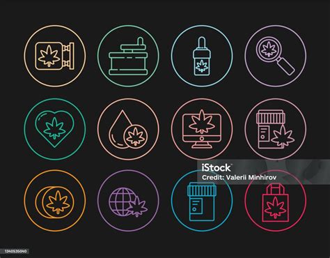 마리화나 의료 병 마리화나 또는 대마초 올리브 오일 잎 심장 상점 모니터 및 수동 분쇄기 아이콘의 세트 라인 쇼핑 종이 가방 벡터 건강 진단에 대한 스톡 벡터 아트 및 기타