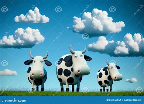 Cartoon Of Black And White Holstein Friesian Cows Standing In A Green