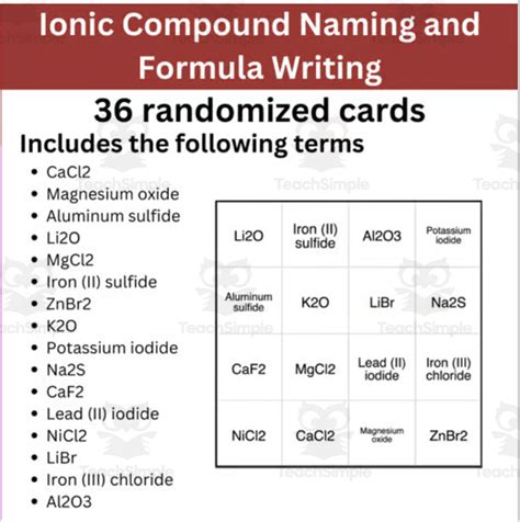 Ionic Compound Naming And Formula Writing Science Bingo Activity By Teach Simple
