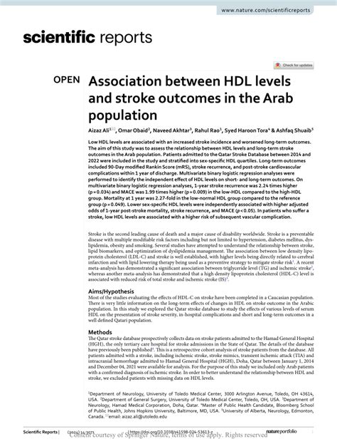 Pdf Association Between Hdl Levels And Stroke Outcomes In The Arab