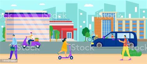 도시 도시 도로 벡터 일러스트 평평한 사람들은 마을 거리에서 걷고 풍경 배경에서 만화 생활 장면을 보입니다 현대 남자 여자의 날