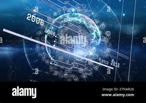 Animation Of Illuminated Globe With Icons Map Numbers And Moving Screens With Year Digitally