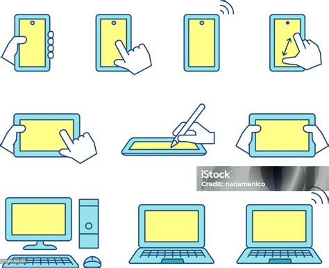 스마트폰 컴퓨터 태블릿 및 다양한 장치의 일러스트레이션 세트 Brand Name Smart Phone에 대한 스톡 벡터 아트 및 기타 이미지 Brand Name