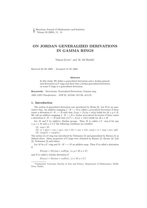 Pdf On Jordan Generalized Derivations In Gamma Rings