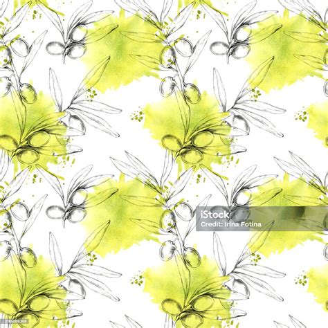 올리브 가지와 올리브의 이음새가 없는 패턴으로 연필로 스케치하고 노란색 잉크 액센트가 있습니다 클립아트 직물 벽지 또는 문구류 디자인에 적합 과일에 대한 스톡 벡터 아트 및