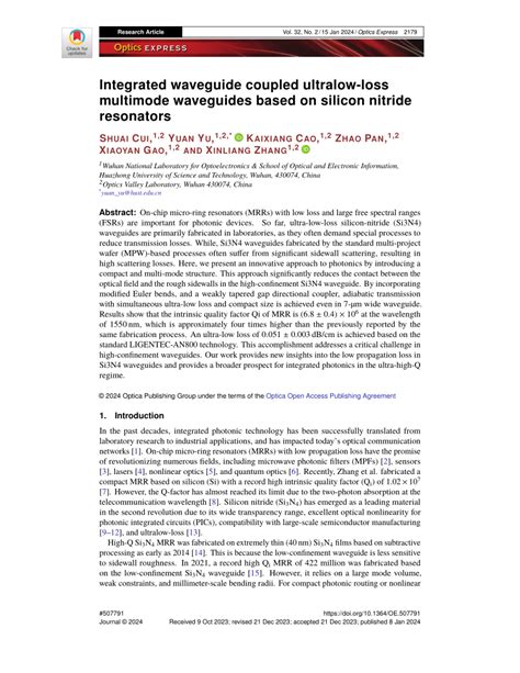 Pdf Integrated Waveguide Coupled Ultralow Loss Multimode Waveguides Based On Silicon Nitride