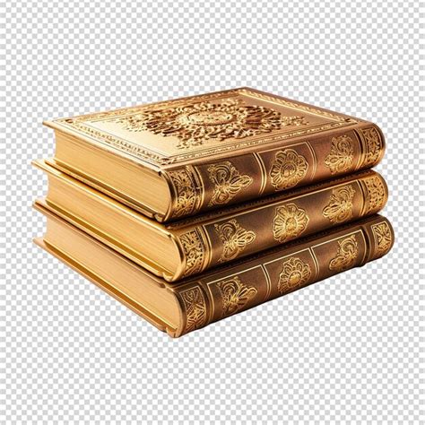 투명한 배경 위에 고립된 황금색 책들이 쌓여 있습니다 프리미엄 Psd 파일