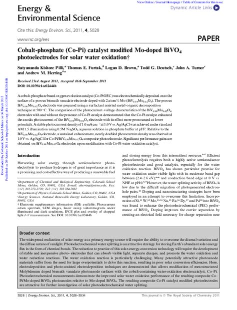 Pdf Cobalt Phosphate Co Pi Catalyst Modified Mo Doped Bivo4 Photoelectrodes For Solar Water