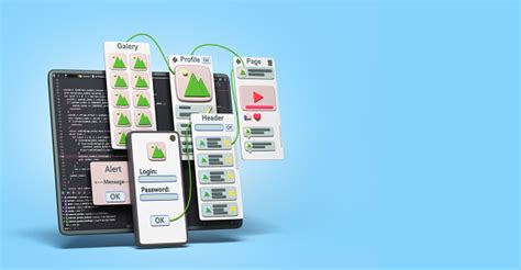 모바일 소프트웨어 개발 개념 스마트 폰과 Ui 요소 주위에 3d 렌더링 파란색으로 렌더링 3차원 형태에 대한 스톡 사진 및 기타 이미지 3차원 형태 개념 개발