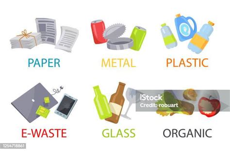 종이 금속 플라스틱 유리 유기 및 전자 폐기물 세트 깨짐에 대한 스톡 벡터 아트 및 기타 이미지 깨짐 부숴진 산더미 Istock
