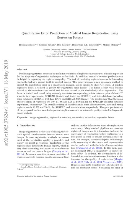 Pdf Quantitative Error Prediction Of Medical Image Registration Using Regression Forests