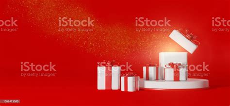 제품 디자인을 위한 장소와 빨간색 배경에 연단에 선물 상자의 3d 렌더링 0명에 대한 스톡 사진 및 기타 이미지 0명 3차원 형태 간판 Istock