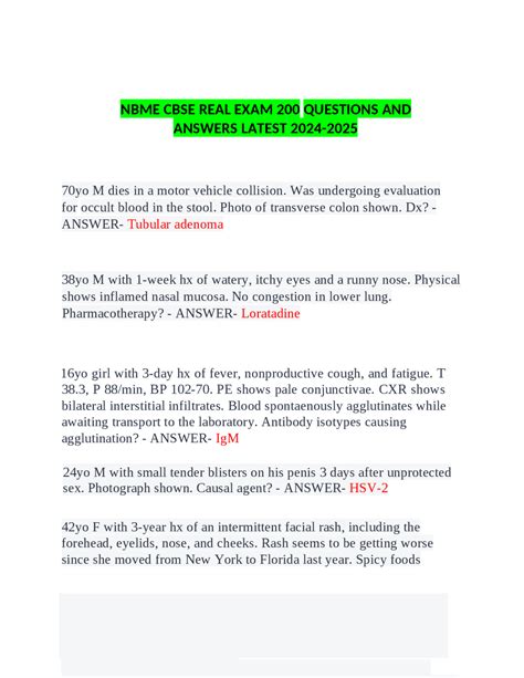 Nbme Cbse Real Exam 200 Questions And Answers Latest 2024 2025 Exams Nursing Docsity