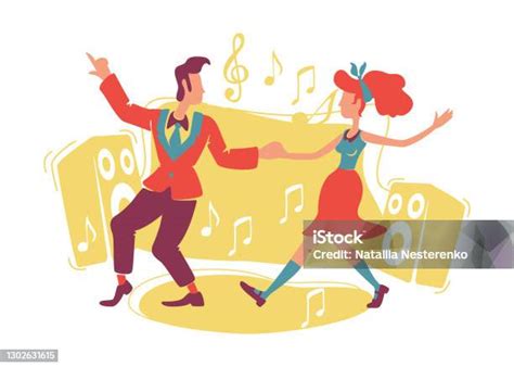 부기 우기 댄스 2d 벡터 웹 배너 포스터 록 앤 롤 댄서 만화 배경에 플랫 캐릭터 댄스 플로어에서 복고풍 커플 오래된 학교 인쇄 패치 다채로운 웹 요소 1950 1959