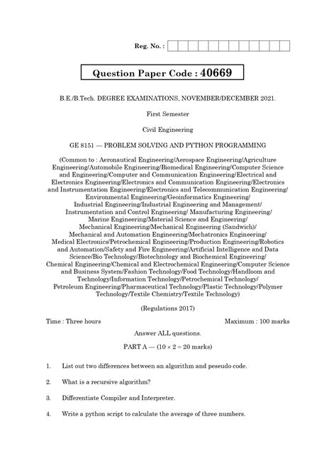 Anna University Ge 8151 — Problem Solving And Python Programming For Civil Engineering November