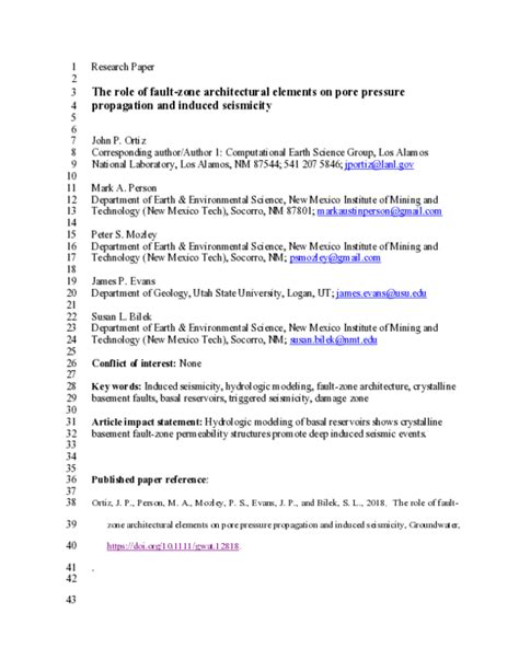Pdf The Role Of Fault Zone Architectural Elements On Pore Pressure Propagation And Induced